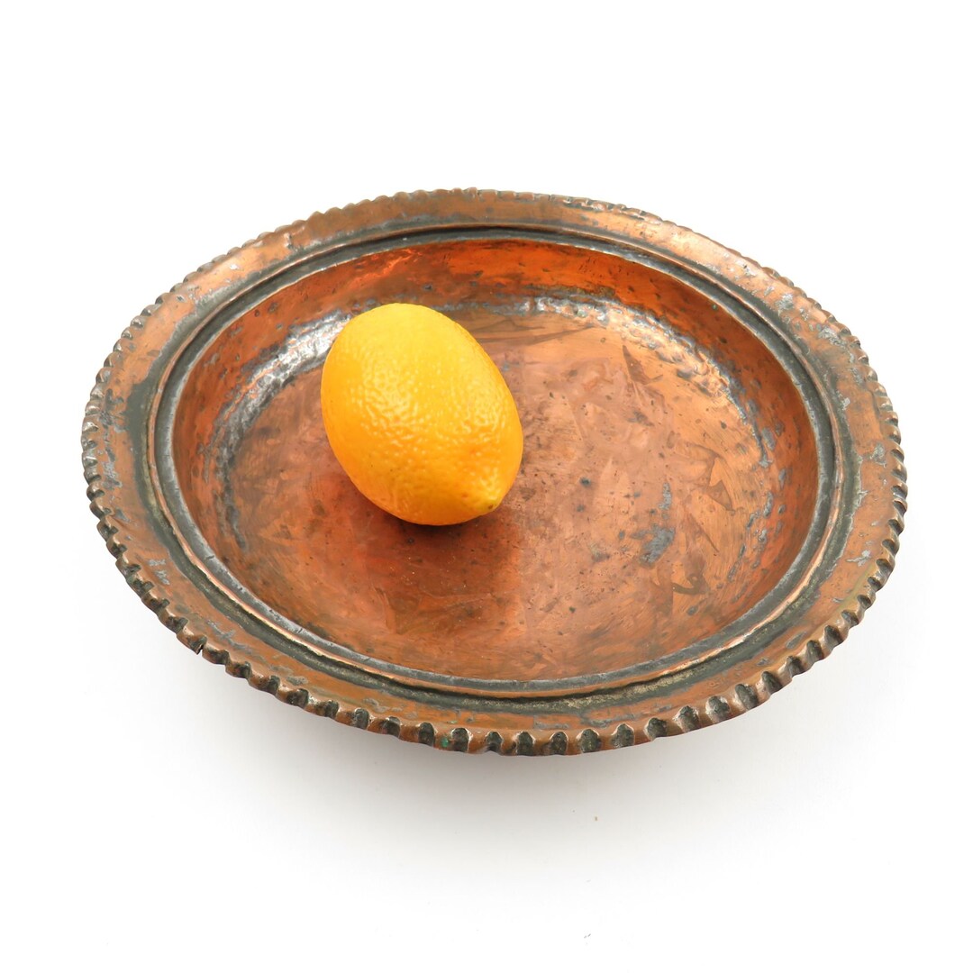 Vintage Primitive Round Bottom Plate Shallow Copper Bath Bowl Sawtooth ...