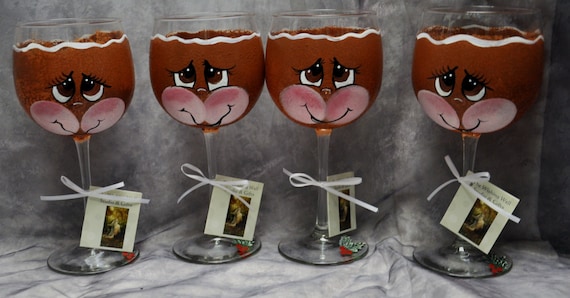 Hand Painted Gingerbread Face Wine Glass | Etsy