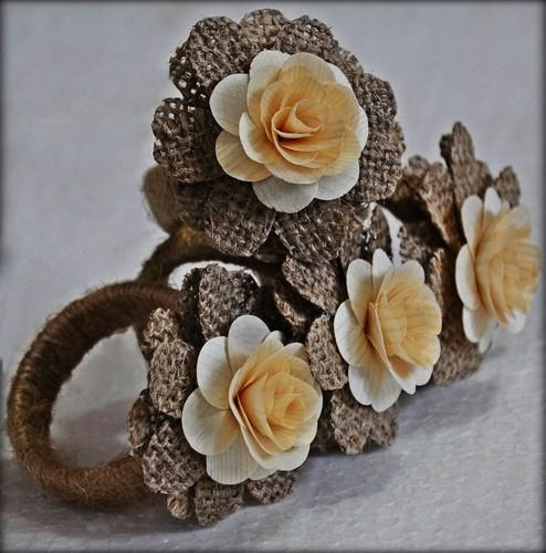 Burlap Napkin Rings With Wood Roses 12 Pack - Etsy