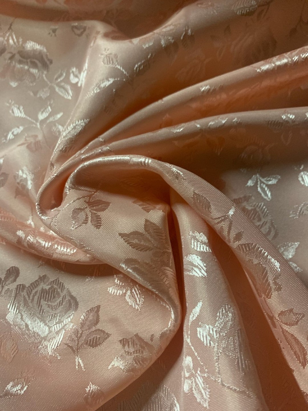59 60 Peach Floral Jacquard Brocade Satin Fabric 100 Polyester Etsy