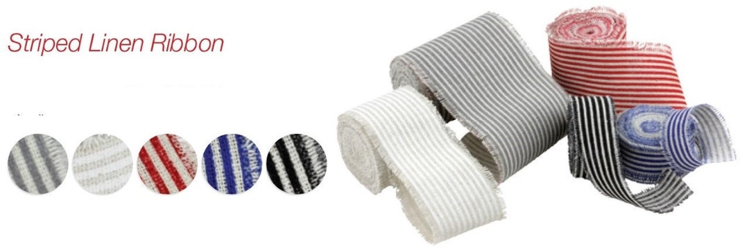 Striped Linen Ribbon With Fringed Edges 5 Yard Roll - 1", 2", 3" Choose ...