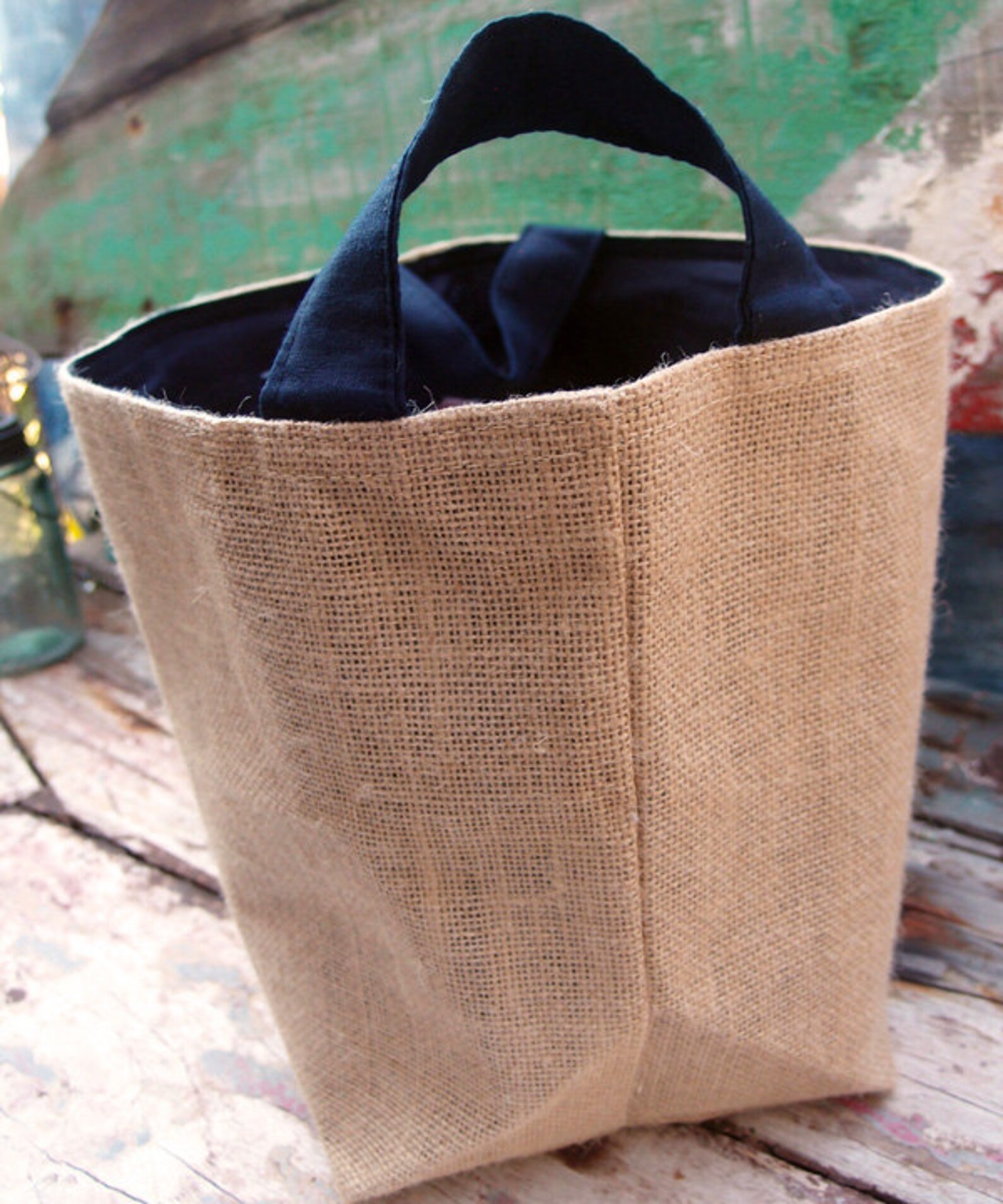 Burlap Storage Basket With Black Cotton Handles 9 X - Etsy