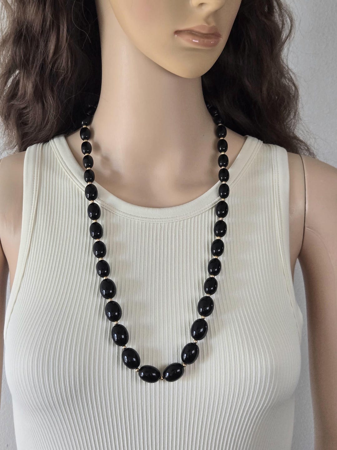 Monet Black Lucite Necklace, Graduated Oval Bead Opera Strand - Etsy