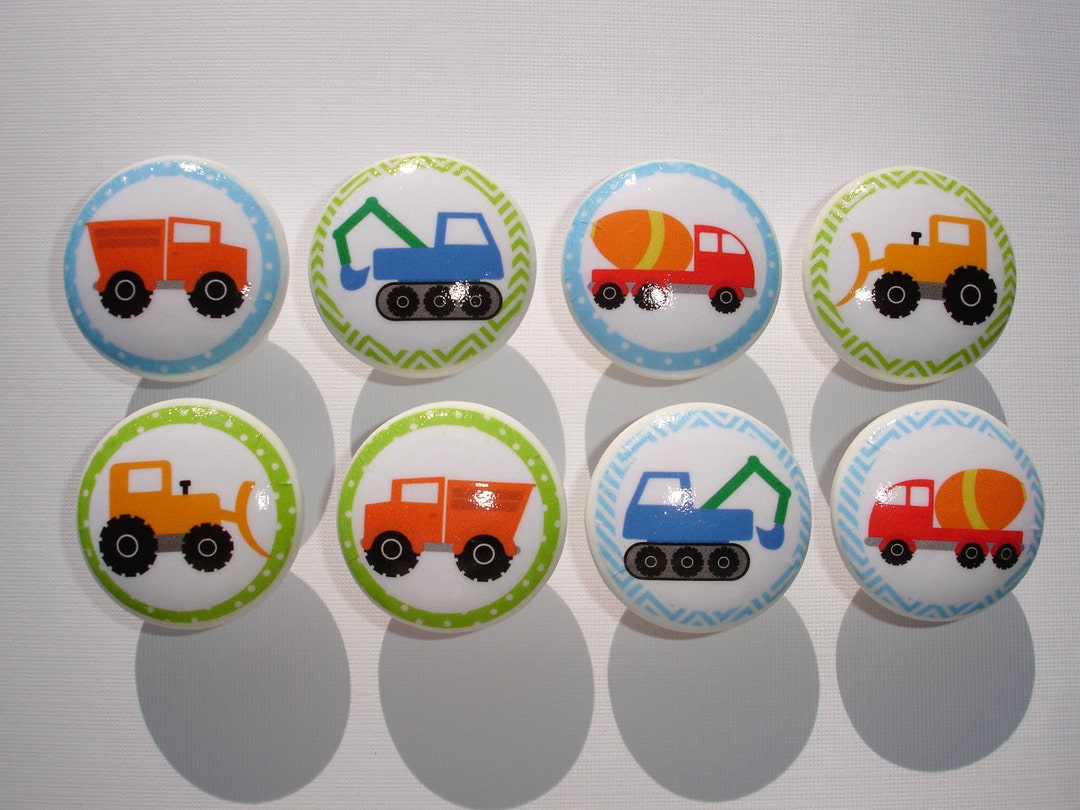 Set of 8, Boys Construction Knobs, Dump Truck, Digger, Cement Mixer, Bulldozer, Dresser Drawer ...