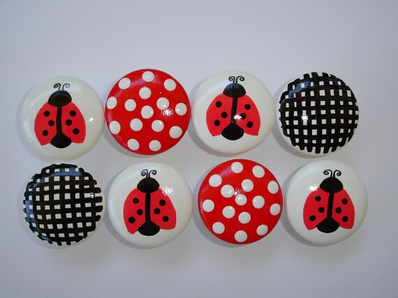 Items similar to Set of 8 Hand Painted Ladybug Polka Dot Gingham Drawer ...