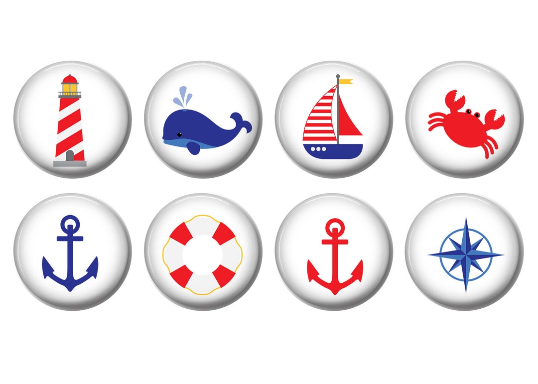 Set of 8, Boys Nautical Knobs, Blue, Red, White, Drawer Knobs, Dresser ...