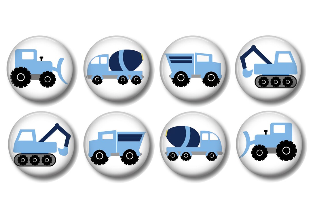 Set of 8, Light & Dark Blue Construction Knobs, Bulldozer, Cement Mixer ...