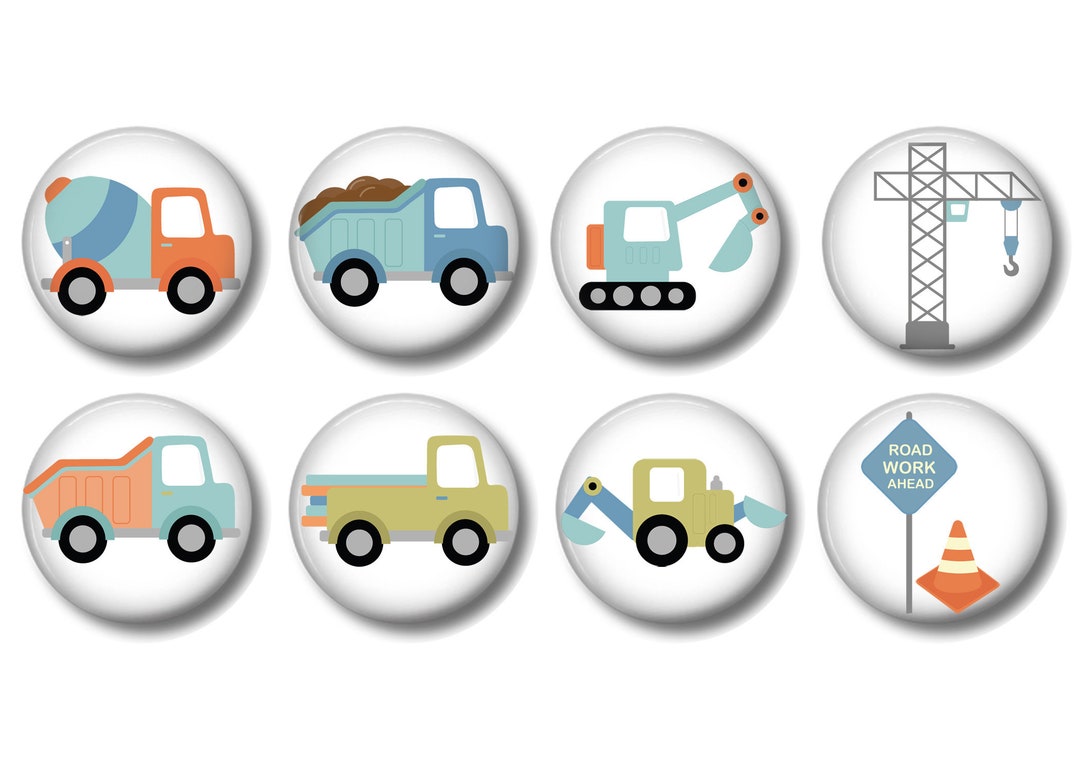 Set of 8, Boys Pastel Construction Knobs, Dump Truck, Truck, Crane ...