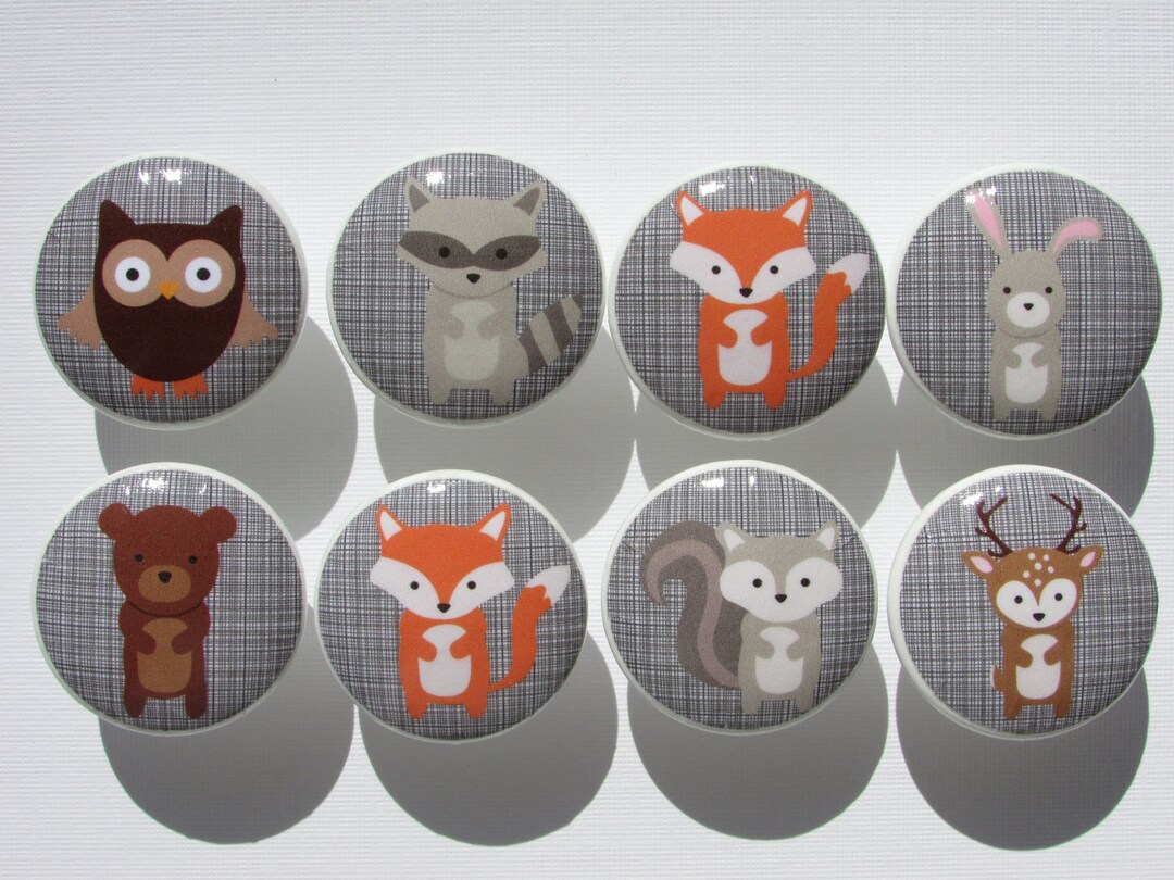 Set of 8, Woodland Animal Knobs, Woodland Animals, Woodland Knobs, Grey Checked, Dresser Drawer ...