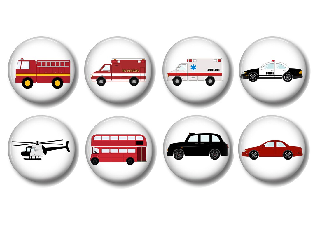 Set of 8 City Fire Police Bus Taxi Car Vehicle Dresser Drawer Knobs ...