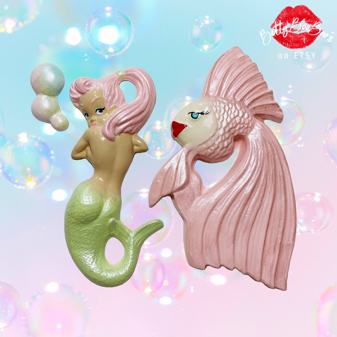 Retro Style Chalkware Mermaid + Bubbles SET - Etsy