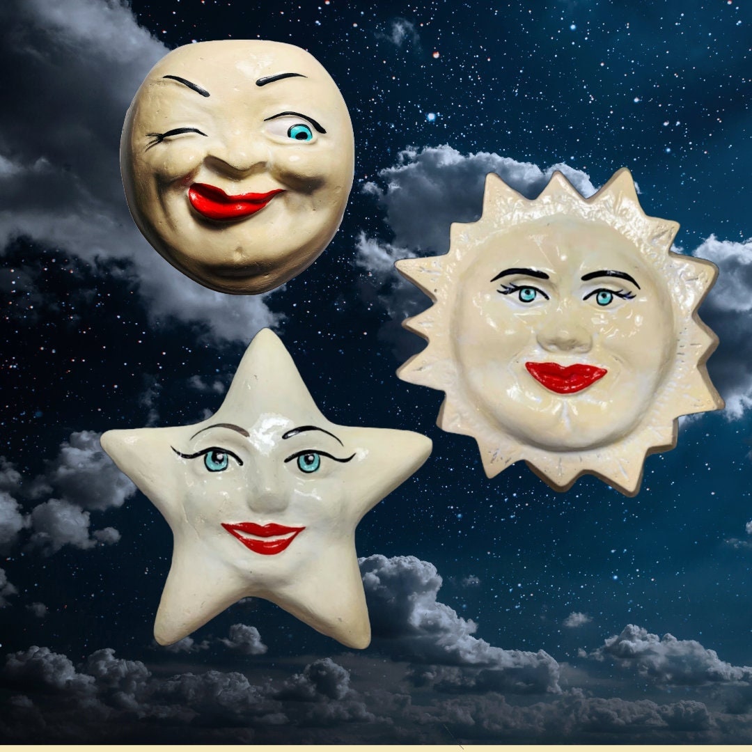 Retro Chalkware Bundle: STAR + SUN + WINKY Face - Happy Faces W/hanging ...