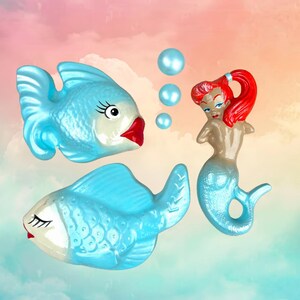 Chalkware Fish + Mermaid + Bubbles - Complete Set - Blue - Etsy