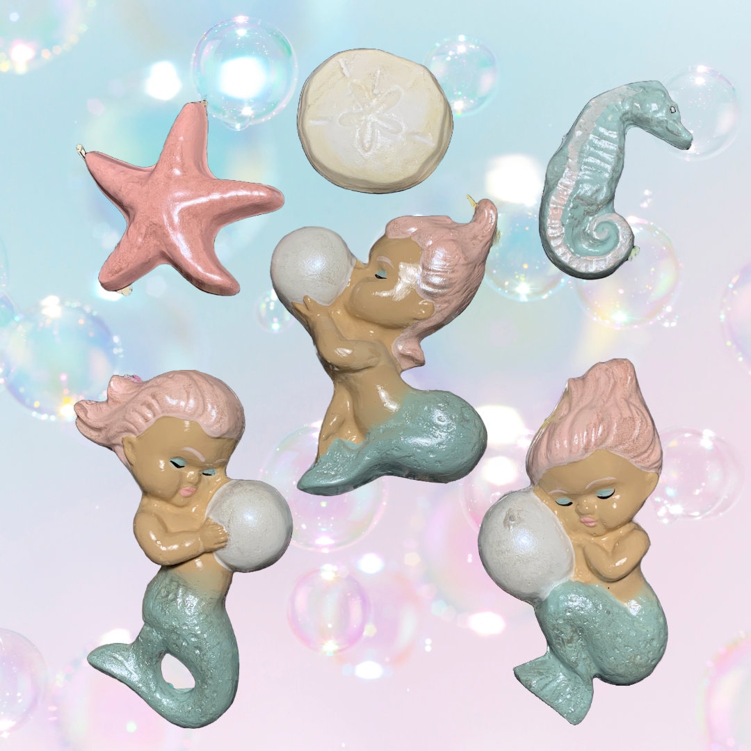 Retro Chalkware Baby Mermaids + Shell + Seahorse + Starfish COMPLETE ...