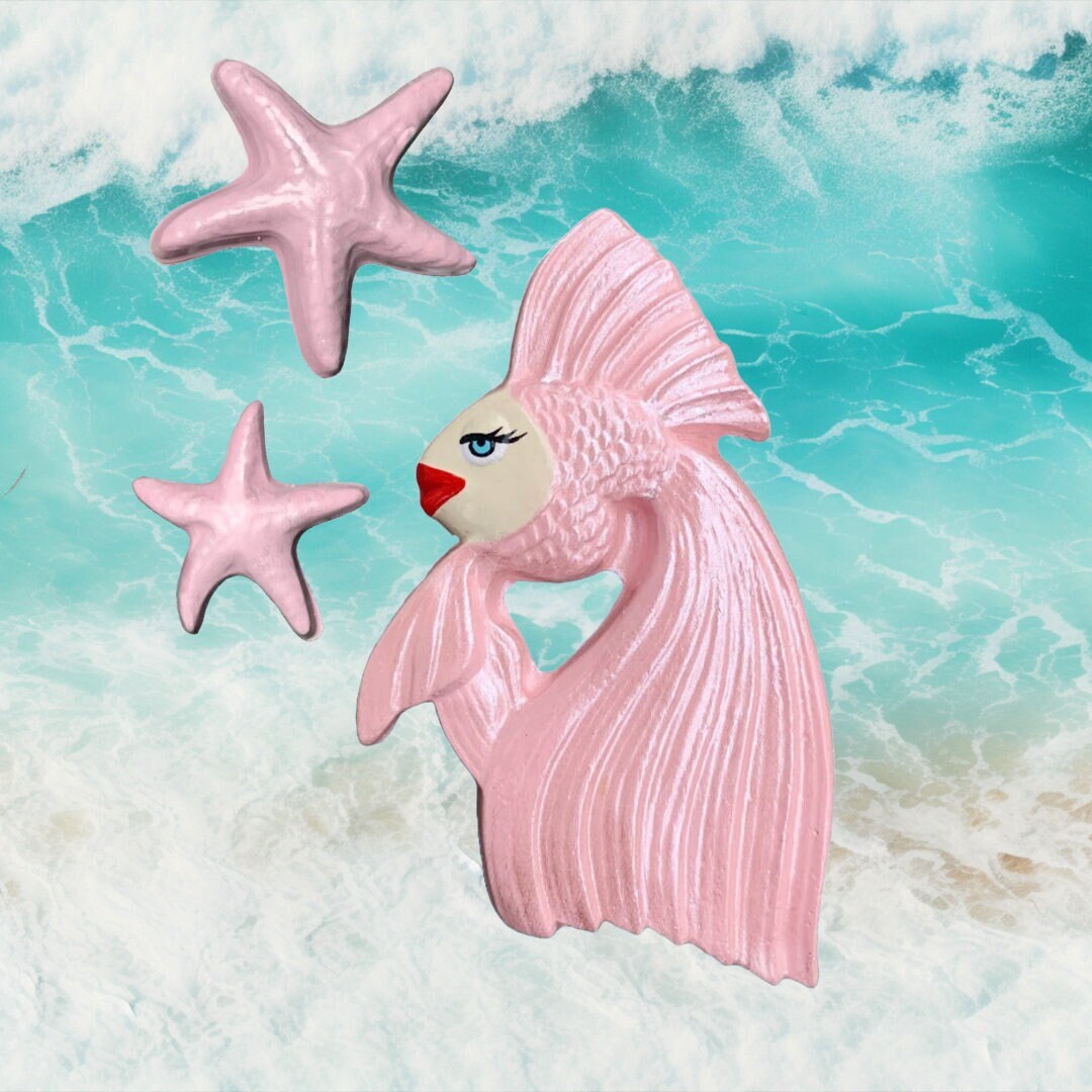 Lady Fish + Starfish Retro Chalkware PINK SET - Ocean Beach Decor - Etsy