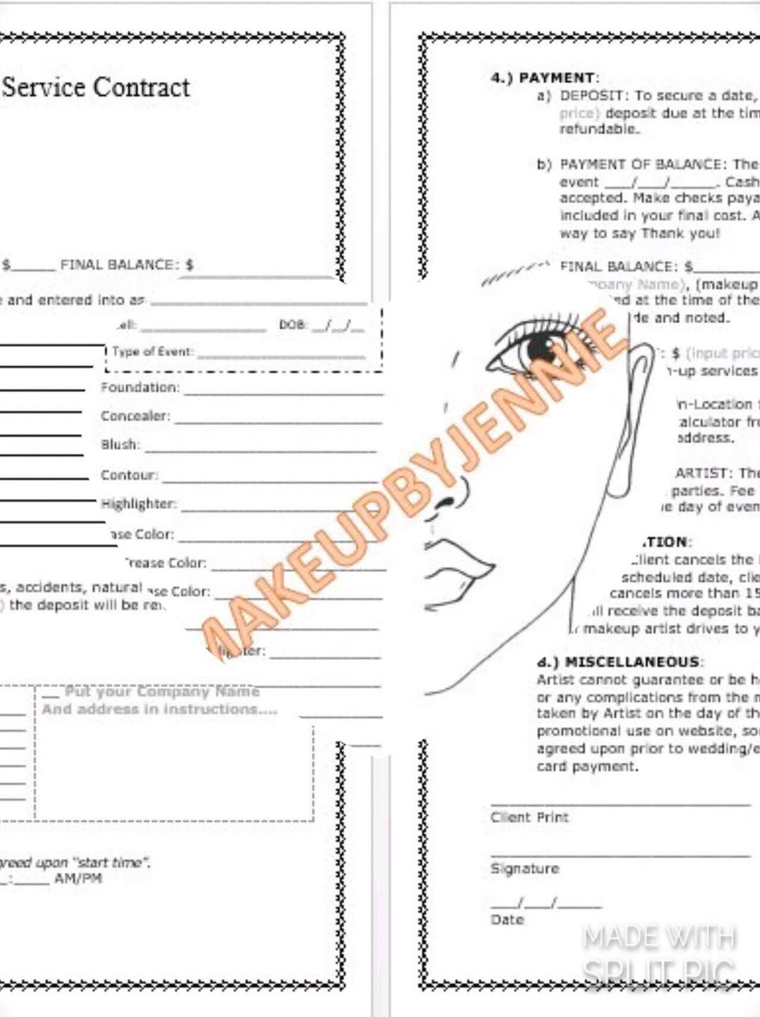 Bridal Makeup Contract Template With Face Chart - Etsy