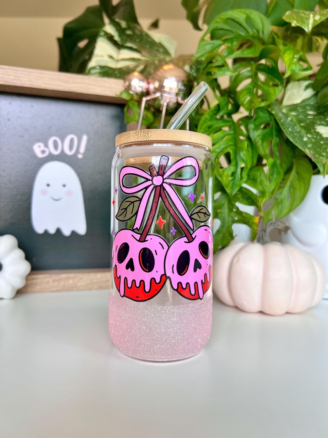 Pastel Goth Skull Cup | Pink Cherry Halloween Glass Can | Glitter Iced ...