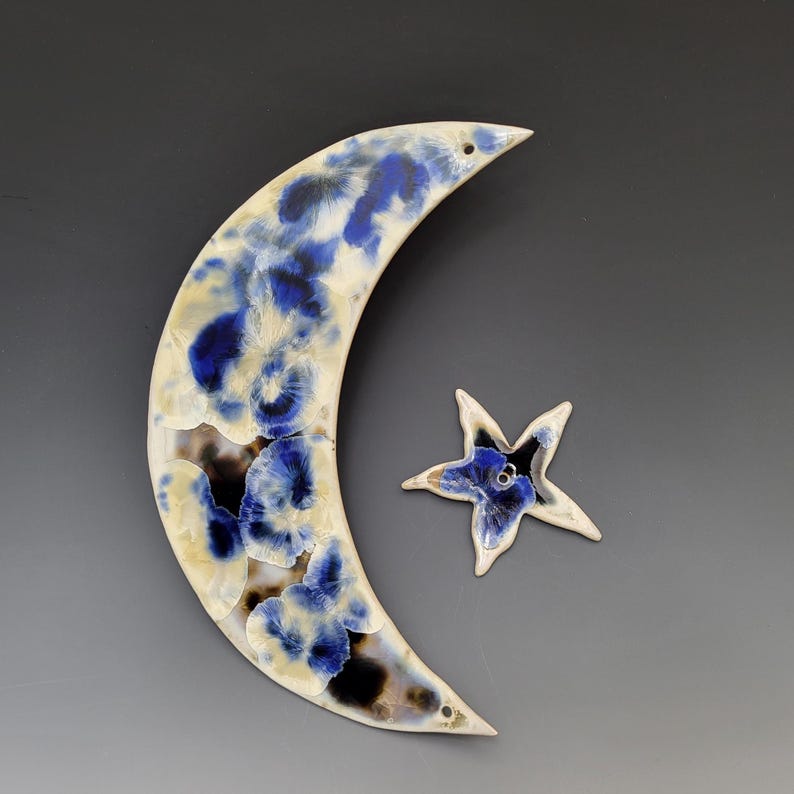 Handmade Ceramic Moon and Star, Wall Hanging, Crystalline Glazed ...