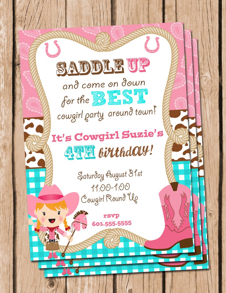 Cowgirl Birthday Party Invitation Pink And Brown And Teal Etsy