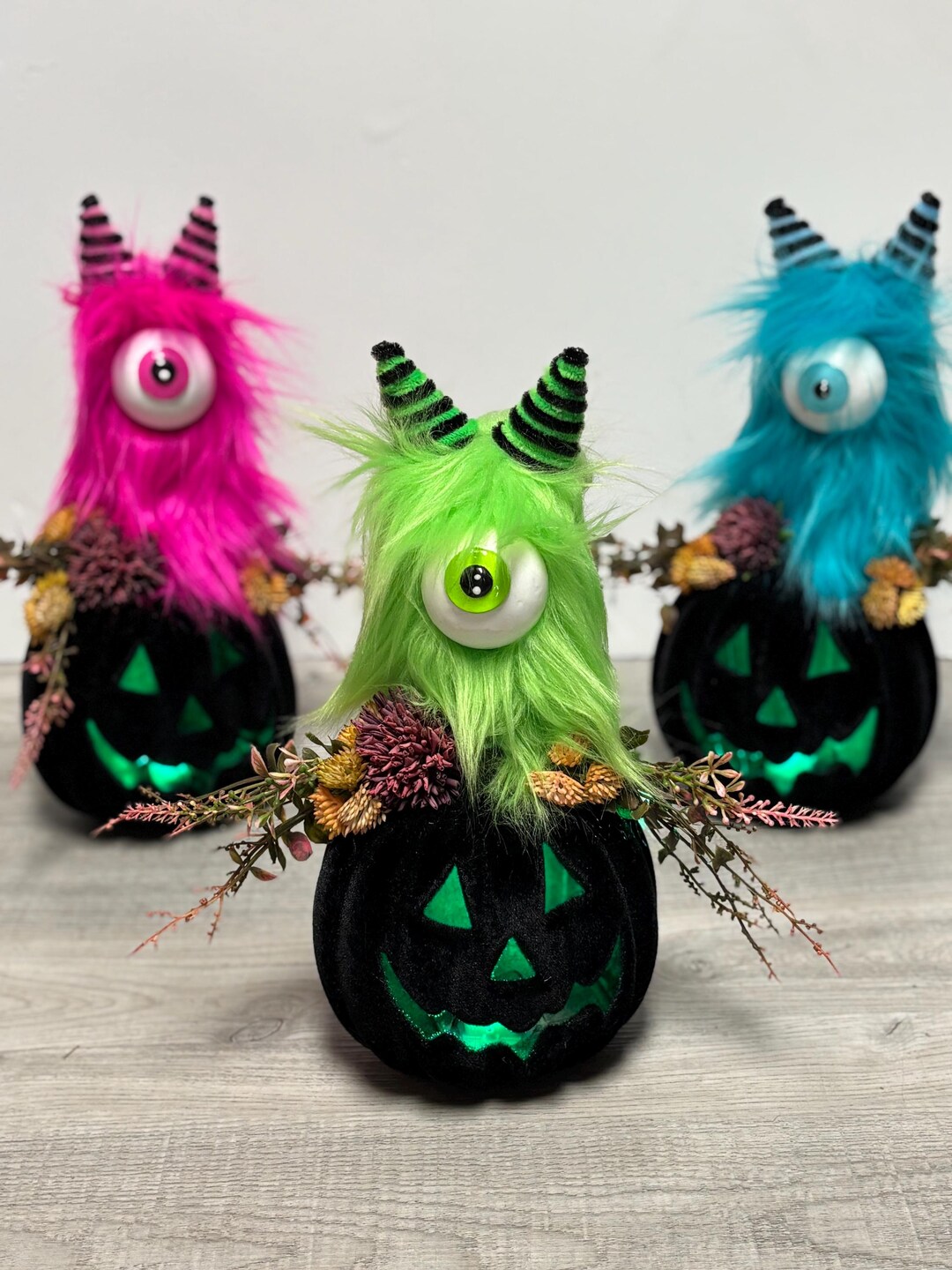 Furry Monster Pumpkin: Halloween Arrangement With Lights - Etsy