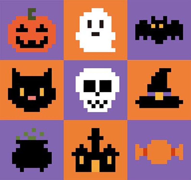Halloween Crochet & Knitting Pattern | 9 Square Motifs | Cute Pixel ...