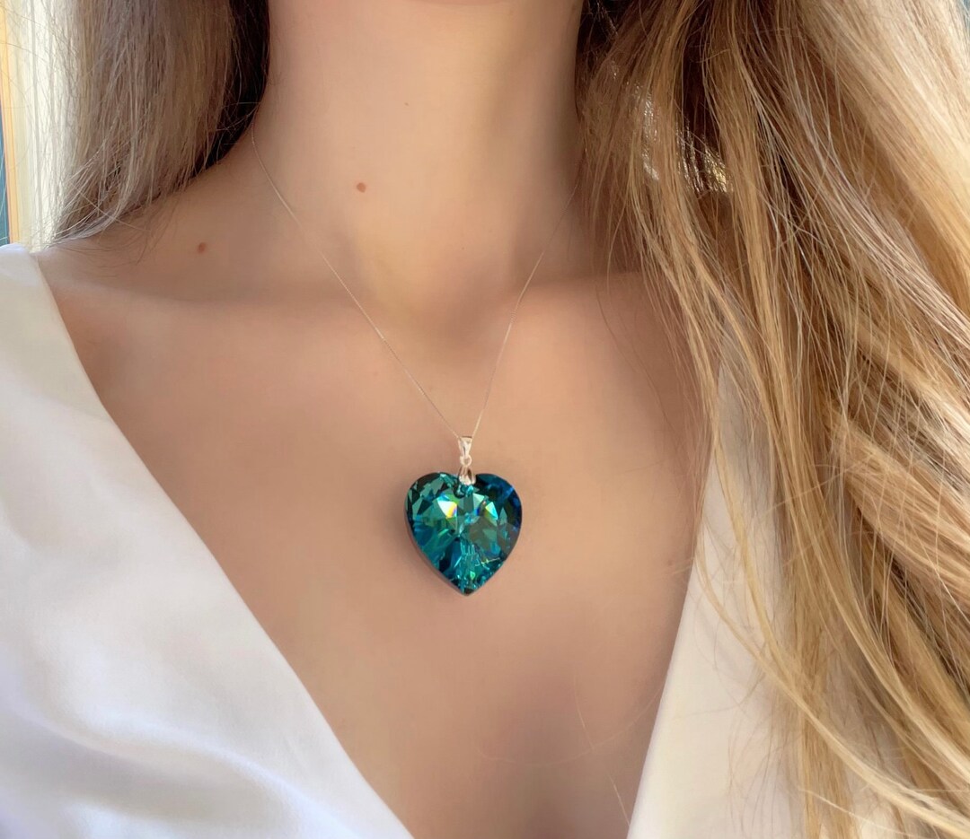 Big Heart Necklace Bermuda Blue Crystal Pendant - 925 Sterling Silver ...