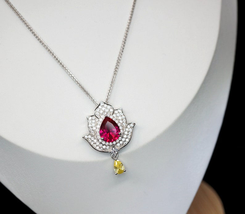 Ruby Necklace Diamond Lotus Flower Pendant 18kgp - Etsy