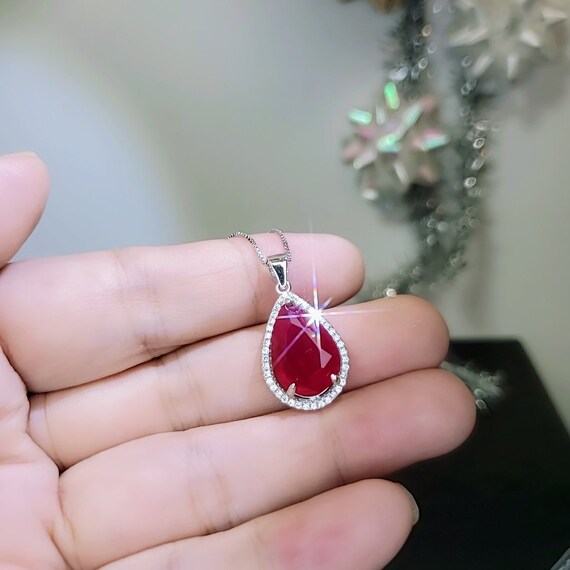 Large Teardrop Red Ruby Necklace Sterling Silver 5.5 CT Red | Etsy