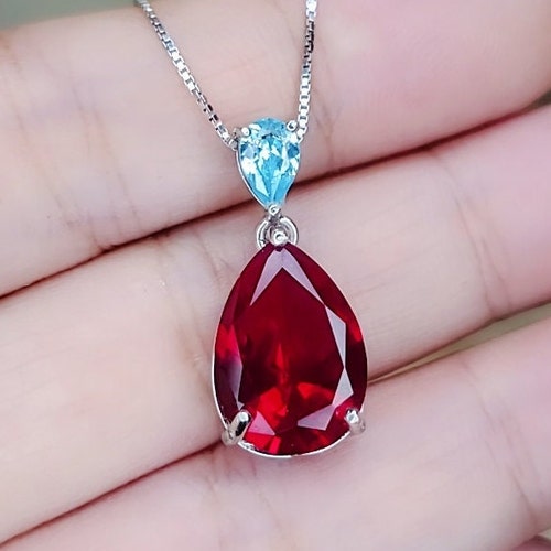 Large Ruby Sterling Silver Necklace 14 Ct Oval Lab Red | Etsy