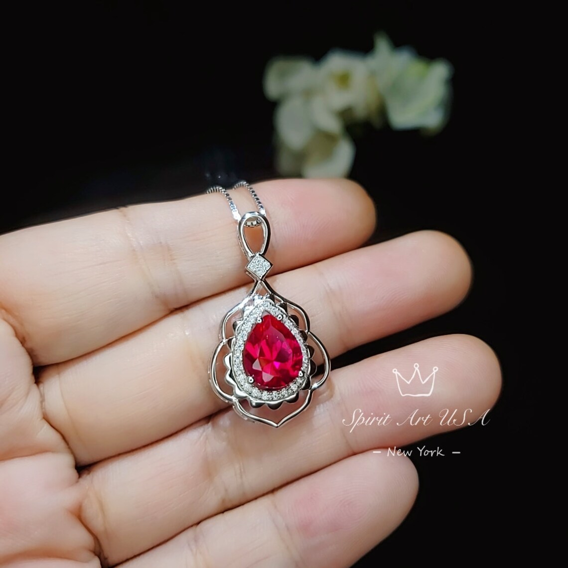 Large Ruby Necklace Sterling Silver Teardrop Solitaire | Etsy
