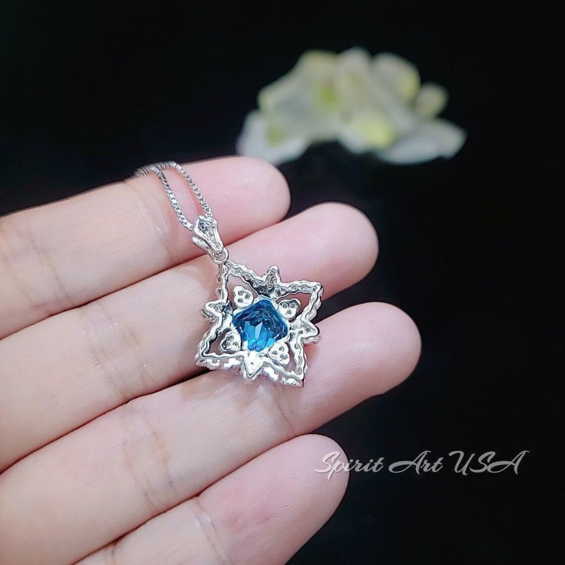 Gemstone Medal Blue Topaz Necklace - Medal of Honor Flower - Sterling ...