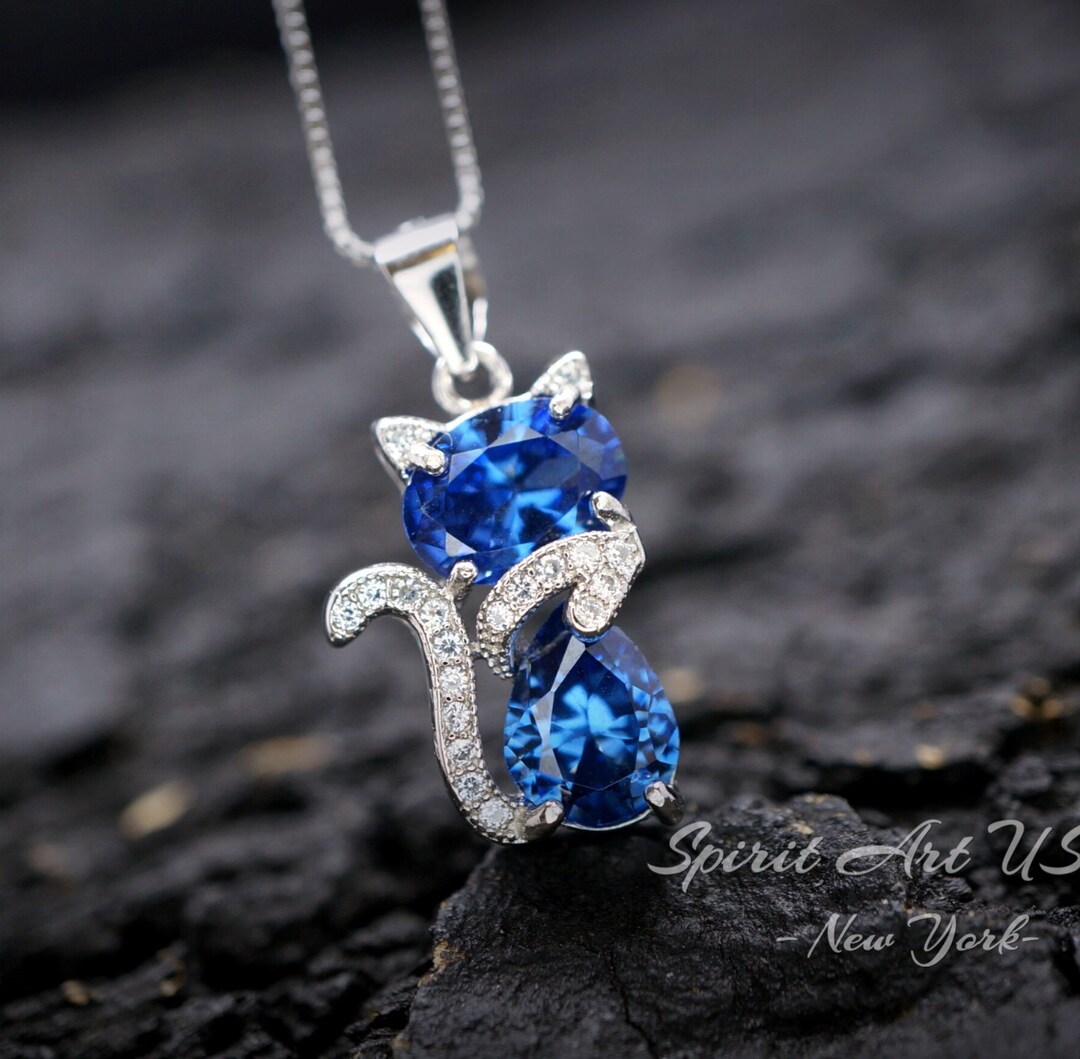 Cat Blue Sapphire Necklace, Kitty Cat Blue Sapphire Pendant Gemstone ...