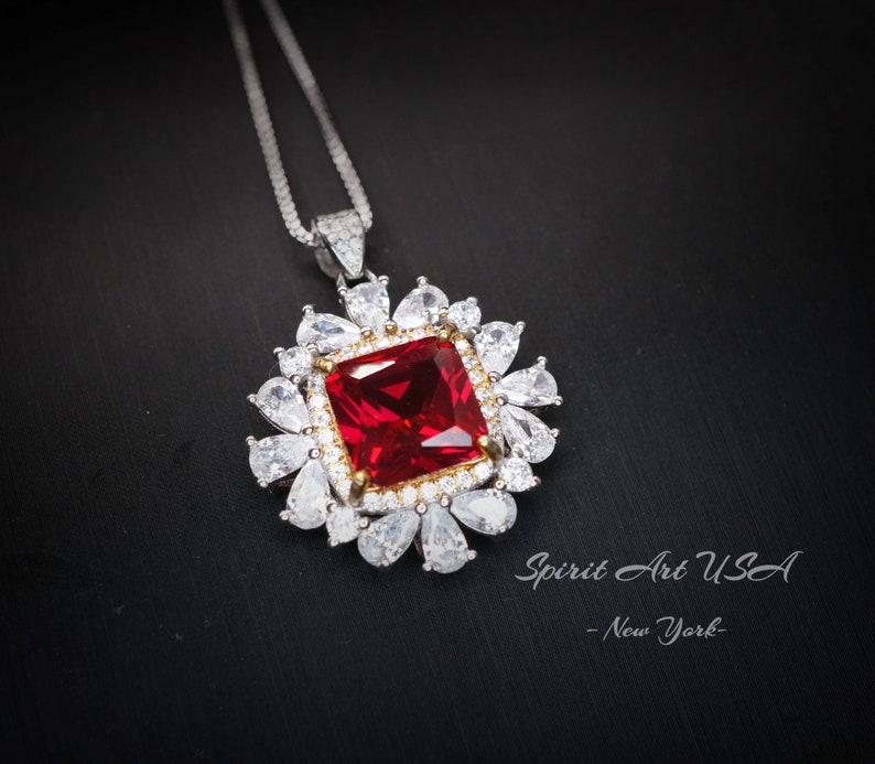 Luxury Square 7 CT Red Ruby Necklace Diamond Surround 18KGP - Etsy