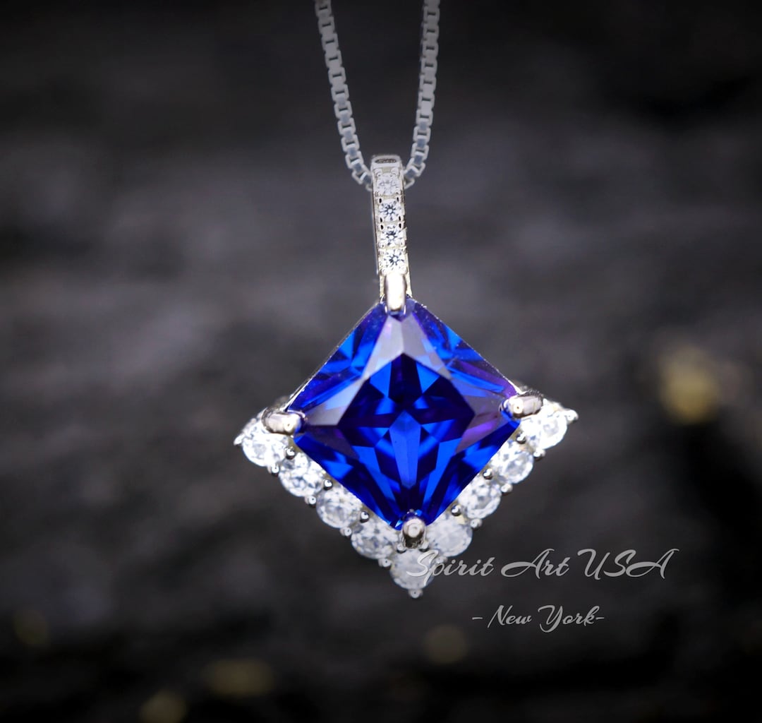 Large Gemstone Style Blue Tanzanite Necklace 6.5 CT Square Princess Cut ...