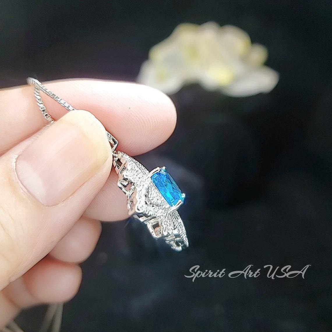 Gemstone Medal Blue Topaz Necklace - Medal of Honor Flower - Sterling ...
