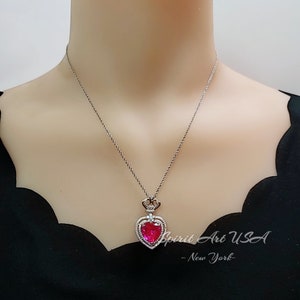 Pink Sapphire Heart Necklace 18KGP 925 Sterling Silver Large 7 CT Fuchsia Heart Royal Crown ...