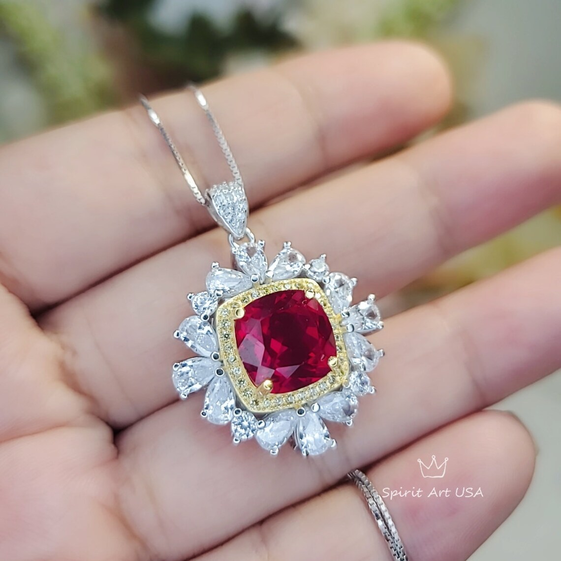 Luxury Square 7 CT Red Ruby Necklace Diamond Surround Gold | Etsy