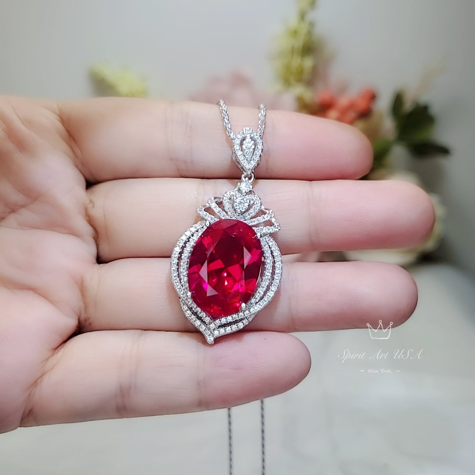 Large Ruby Sterling Silver Necklace 14 Ct Oval Lab Red | Etsy