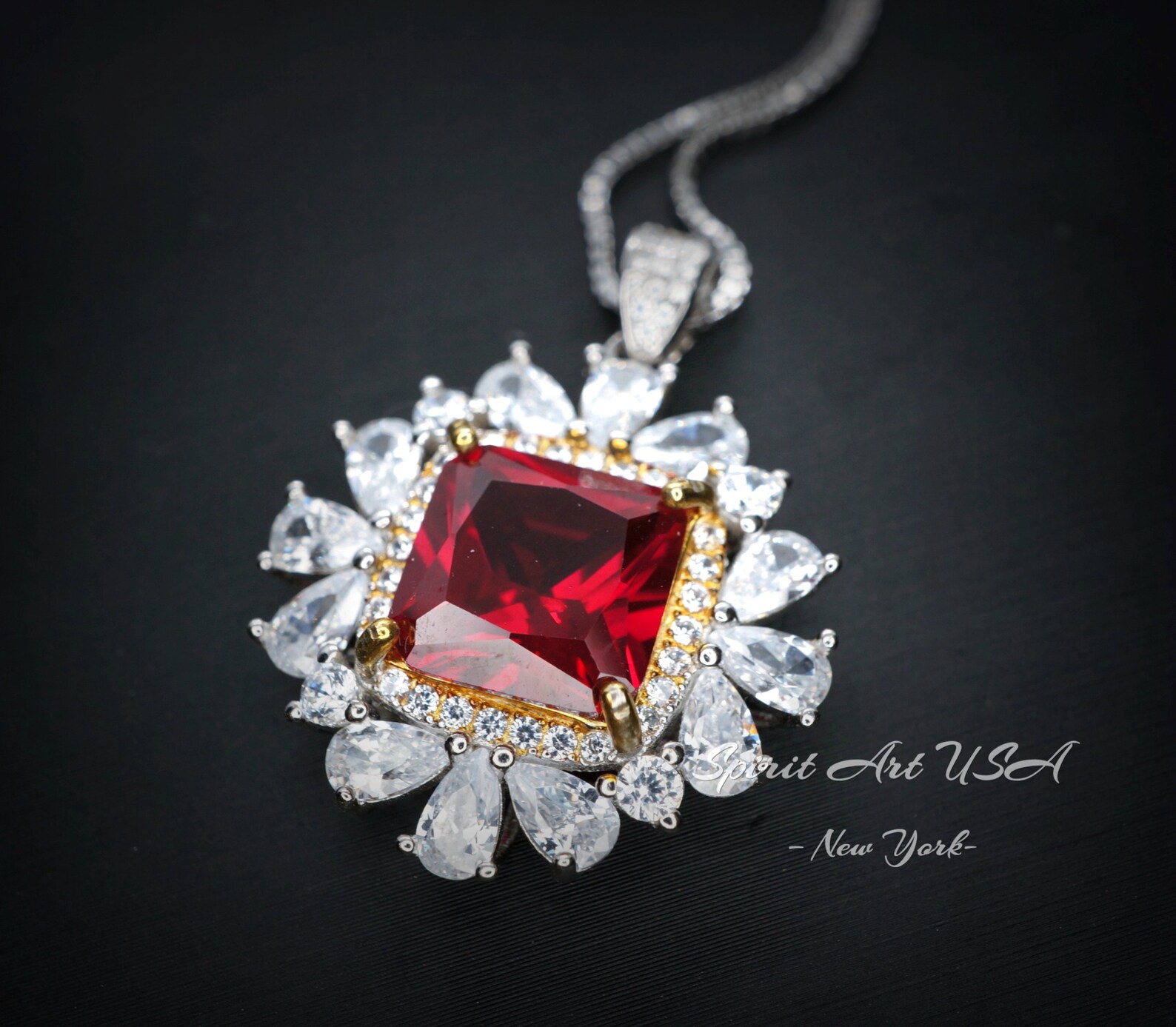 Luxury Square 7 CT Red Ruby Necklace Diamond Surround 18KGP - Etsy