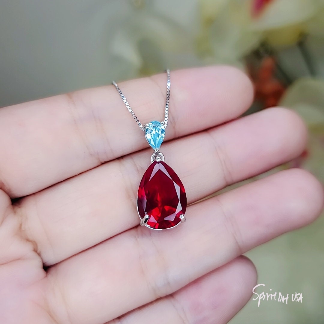 Large Teardrop Ruby Necklace Sterling Silver 6 CT Red Ruby | Etsy