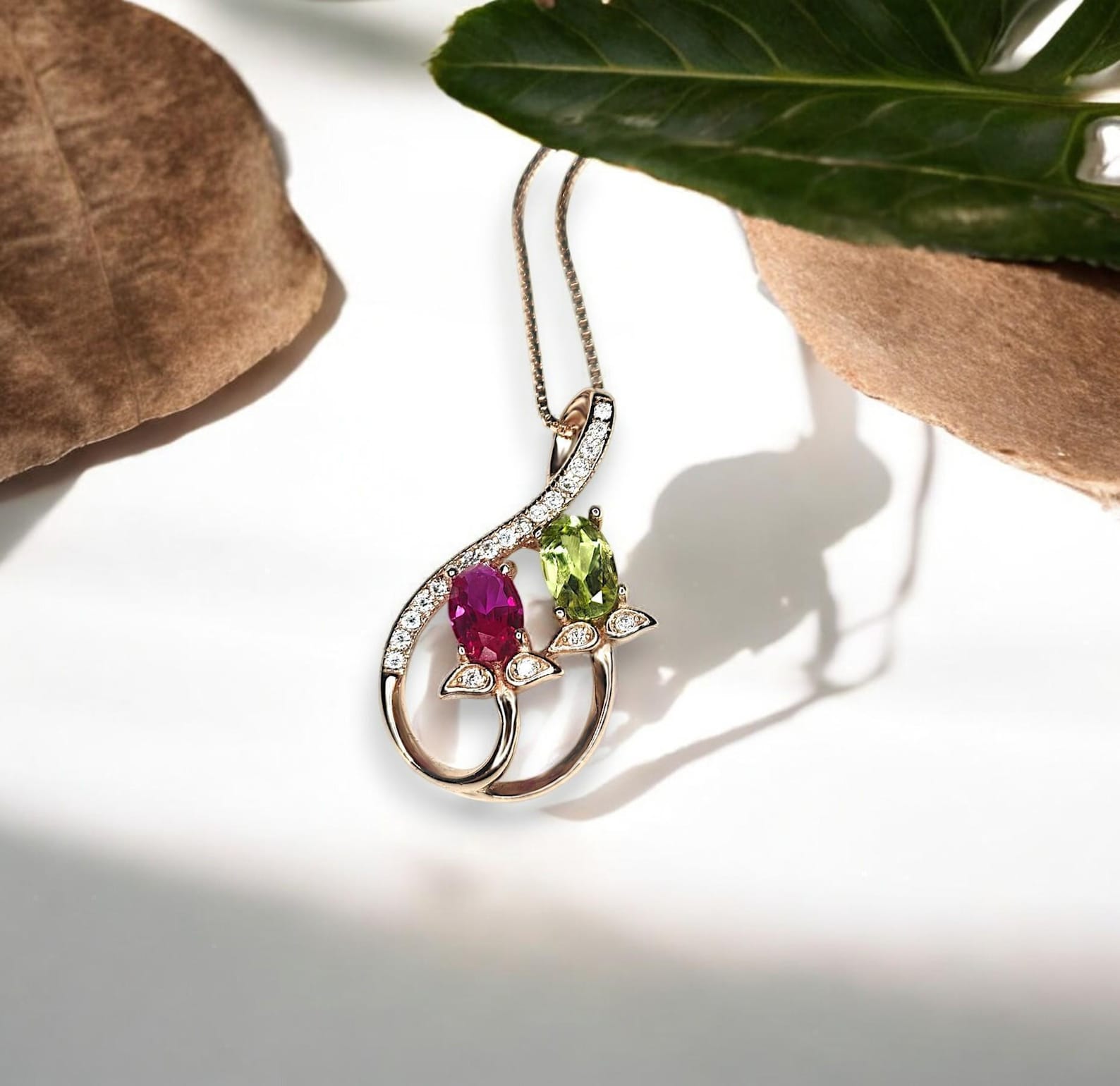 Dainty Ruby Peridot Necklace, Rose Gold Coated Sterling Silver Green ...