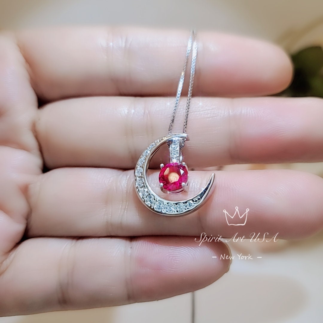 Crescent Moon Ruby Necklace Full 925 Sterling Silver Two - Etsy