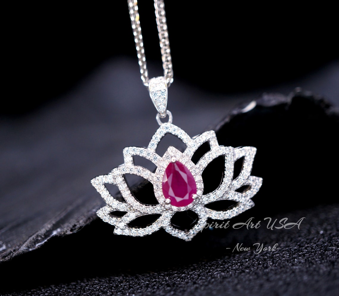 Ruby Necklace Diamond Lotus Flower Ruby Pendant White Gold | Etsy