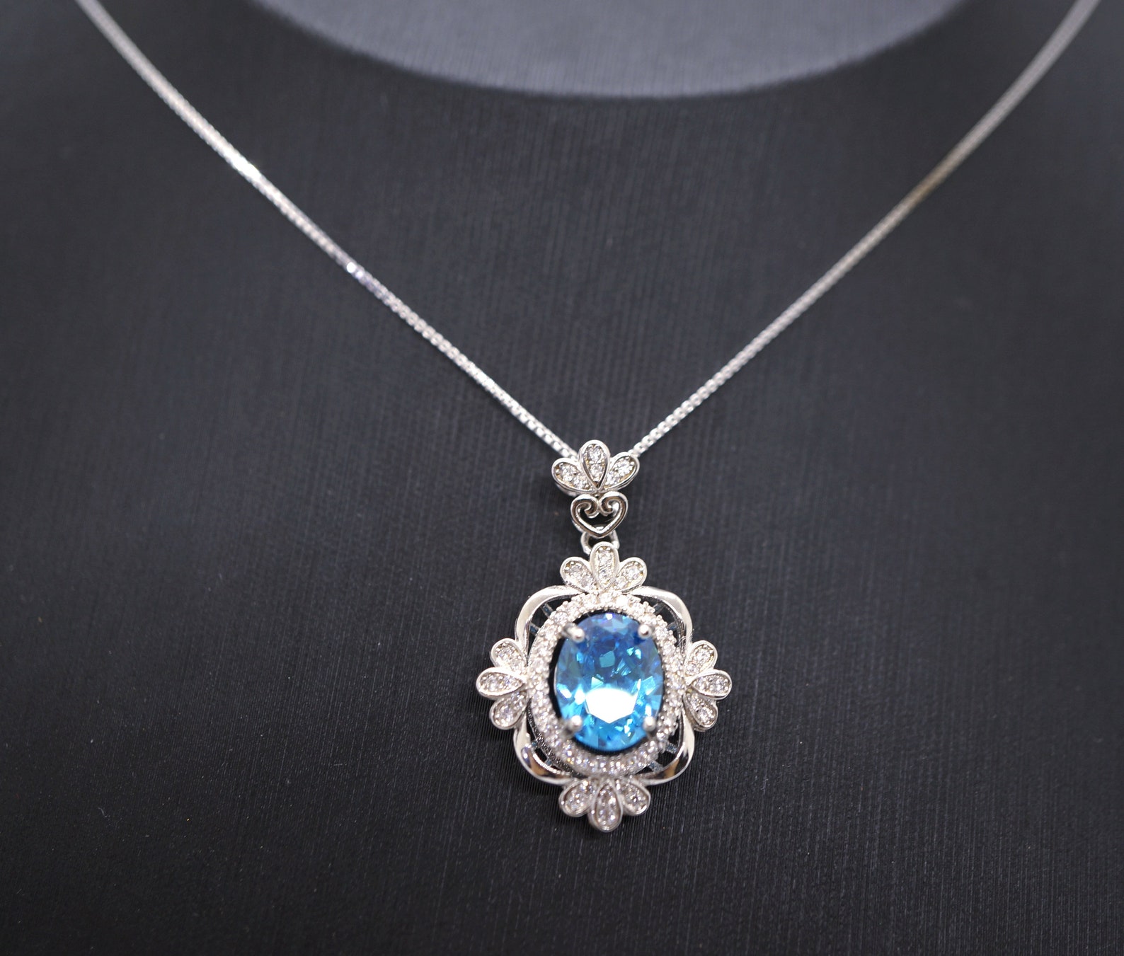 Large Blue Topaz Necklace Sterling Silver Diamond Victoria - Etsy