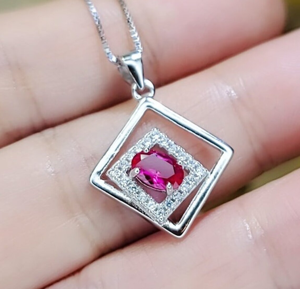 Geometric Ruby Necklace Sterling Silver Minimalist Double - Etsy