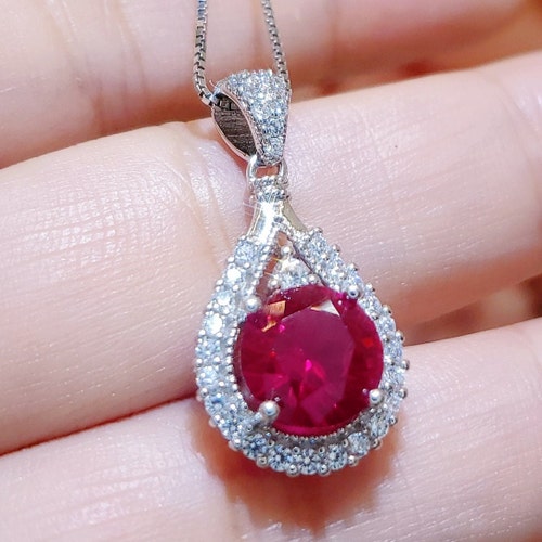 Large Ruby Necklace Sterling Silver Teardrop Solitaire - Etsy