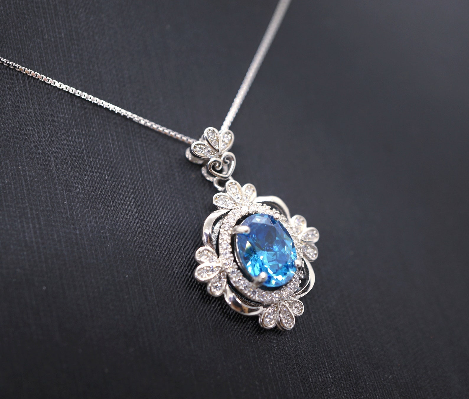 Large Blue Topaz Necklace Sterling Silver Diamond Victoria - Etsy