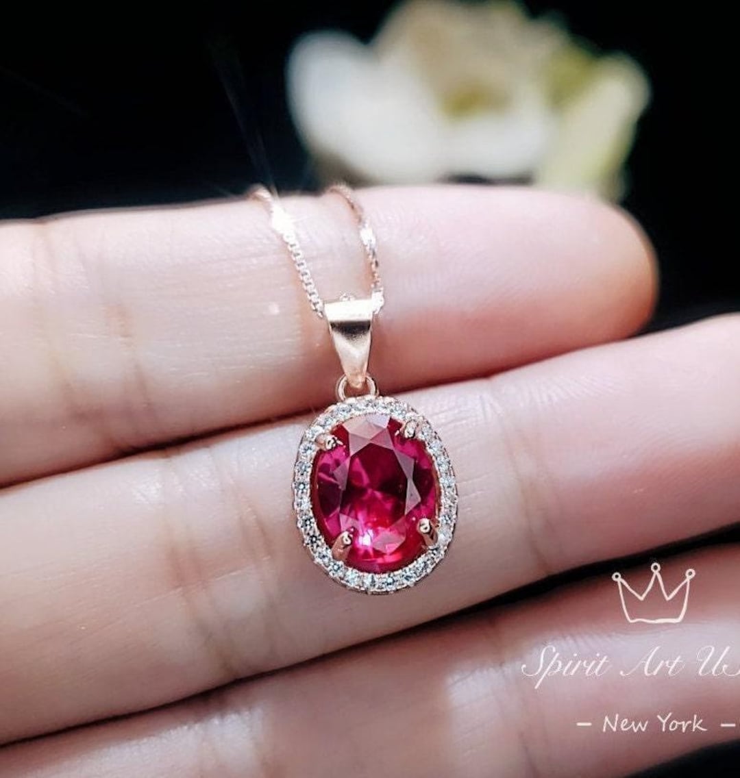 Solitaire Ruby Necklace, Rose Gold Sterling Silver Oval Red Ruby ...