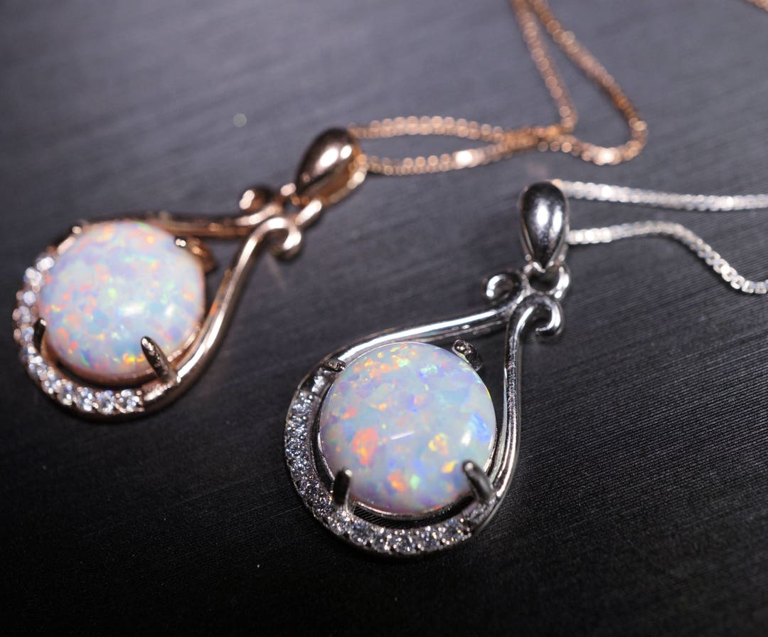 Rose Gold Opal Necklace, Sterling Silver Box Chain Round 10mm White ...