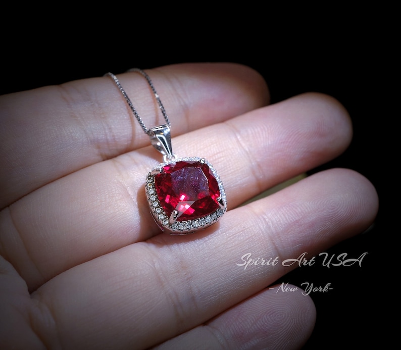Large Ruby Necklace Sterling Silver 6 CT Square Diamond Red - Etsy